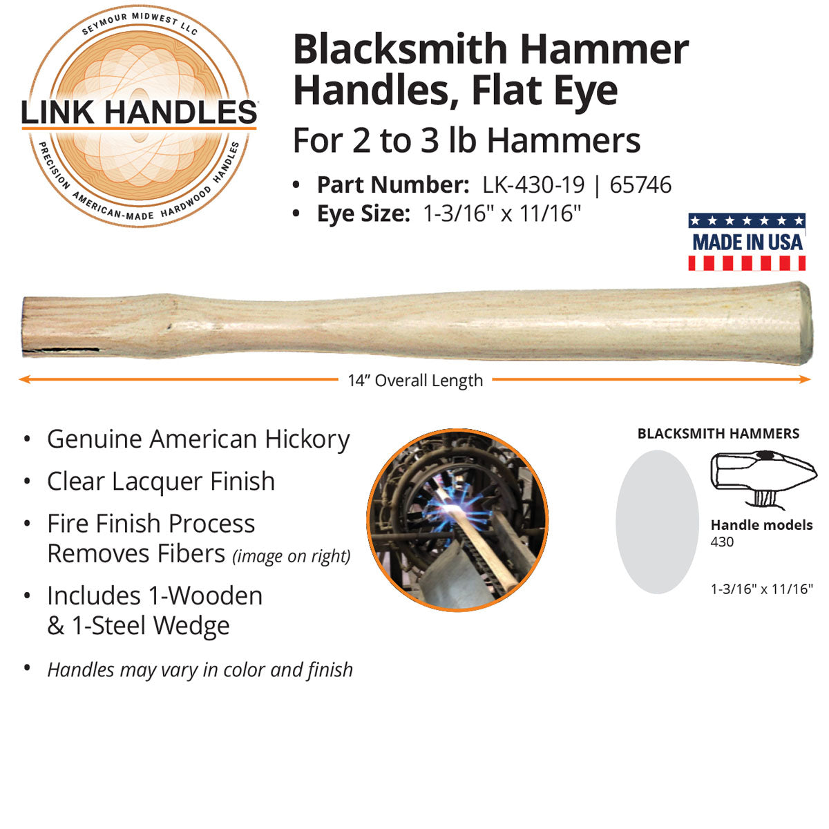 Seymour Link Handles 14" engineer's or blacksmith's hammer Handle, flat ...